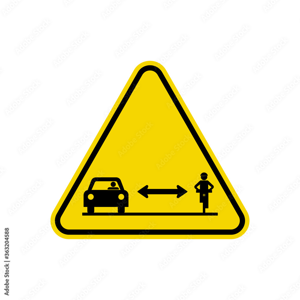 Car Bike Passing Distance Sign. Yellow Triangle Warning Symbol Simple ...