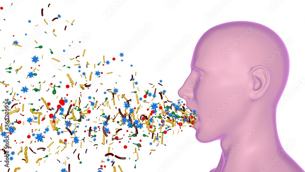 Person breathing , coughing releases germs on face of another. Airborne ...