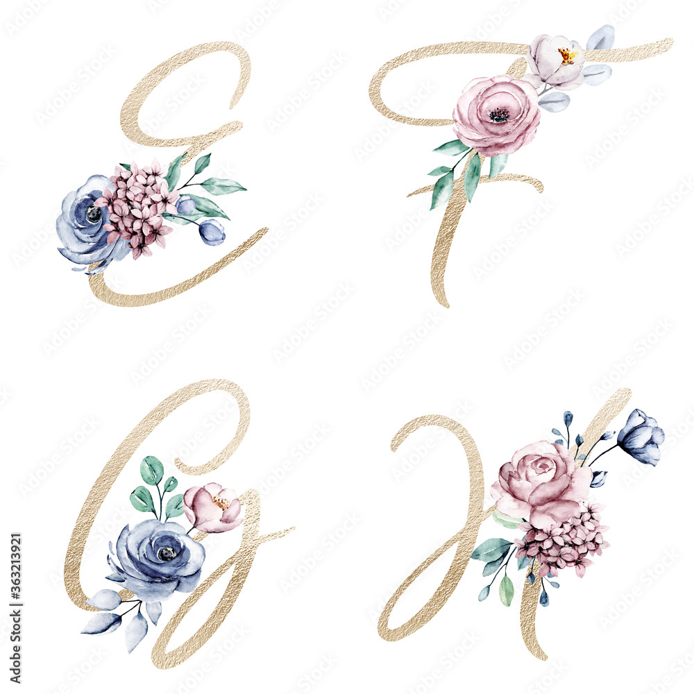 Alphabet, gold letters with watercolor flowers and leaf hand painting ...