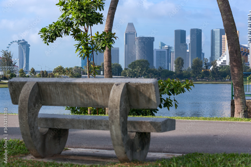 stone bench in the walking area of the kalang river embankment in ...