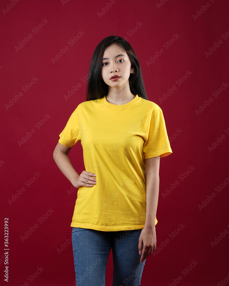 Front view white t-shirt Closeup on female body, woman girl in empty ...