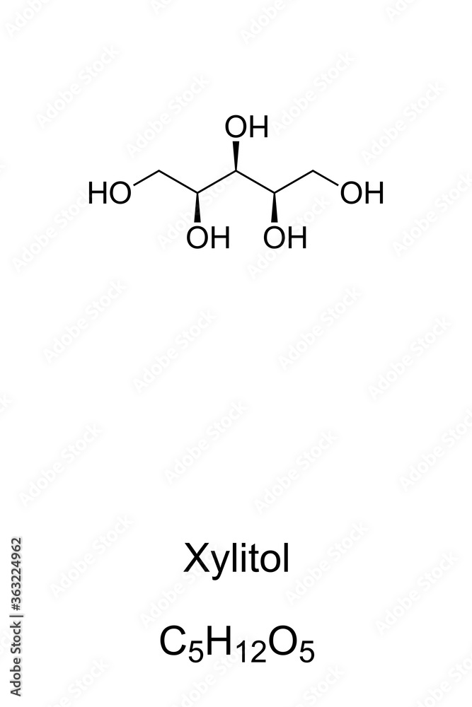 Xylitol, also Xylite, chemical structure and formula. Polyalcohol and ...