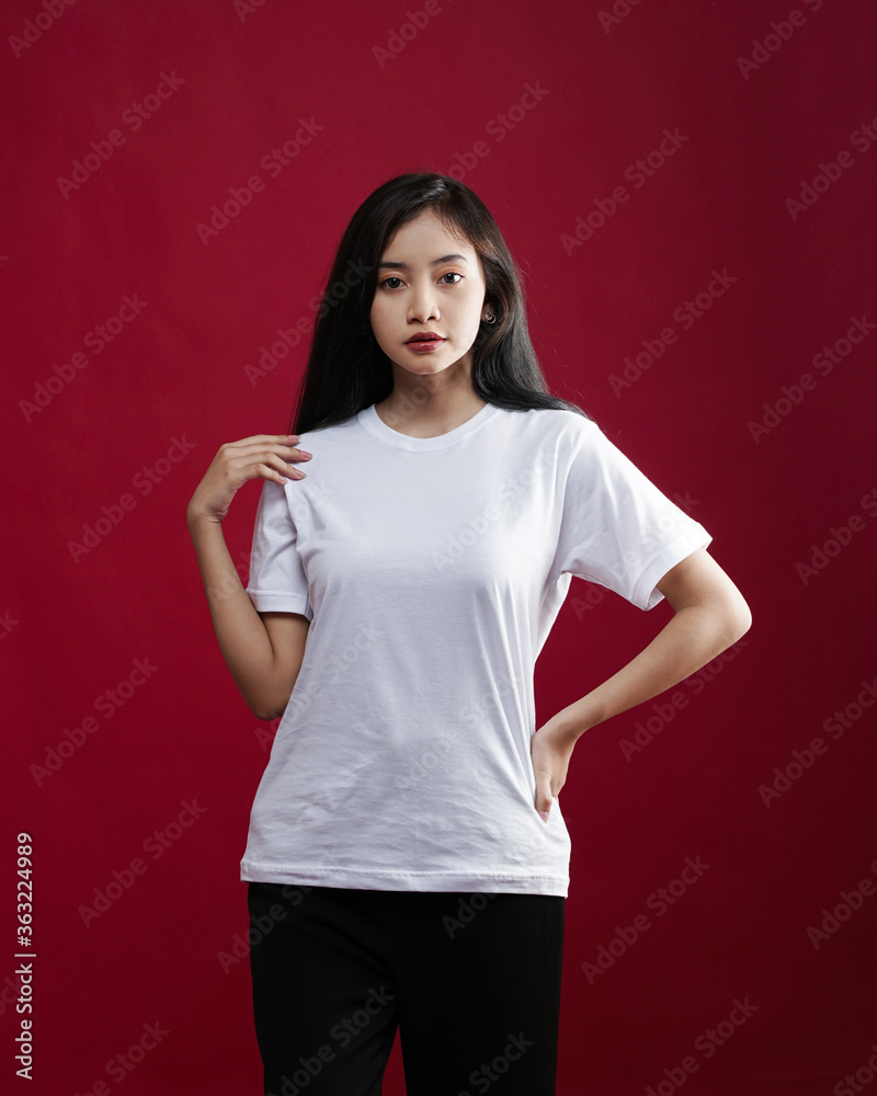 Front View White T Shirt Closeup On Female Body Woman Girl In Empty