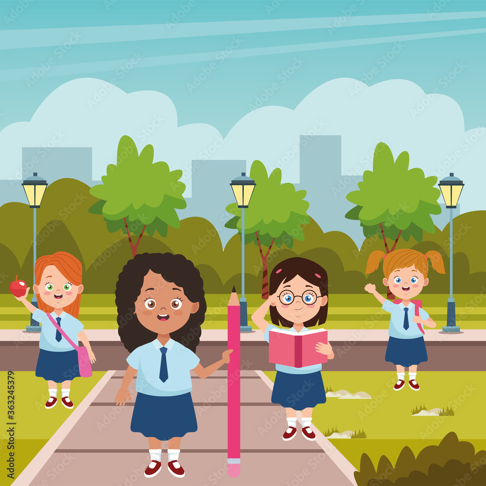 little students girls with uniforms characters Stock Vector | Adobe Stock