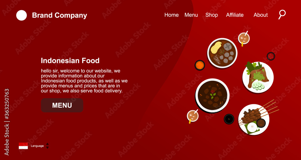 indonesian food landing page ui design with flat image, EPS layer ...