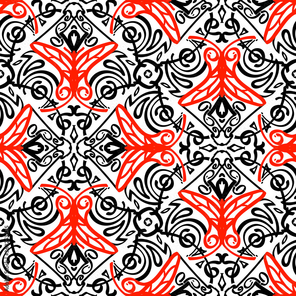 Seamless pattern with red butterflies and black lines on a white ...