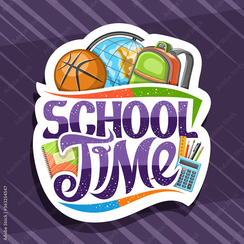 Vector logo for School Time, white decorative badge with illustration ...
