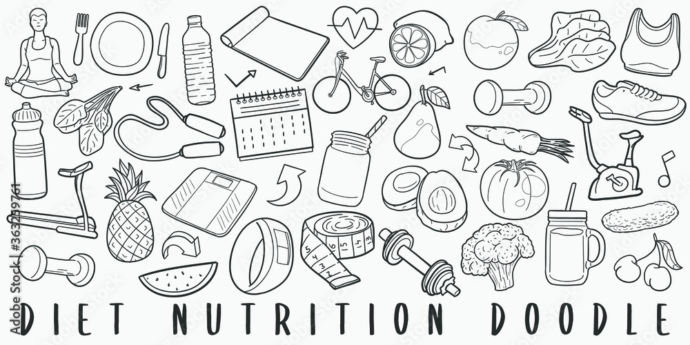 Diet and Nutrition Doodle Line Art Illustration. Hand Drawn Vector Clip ...
