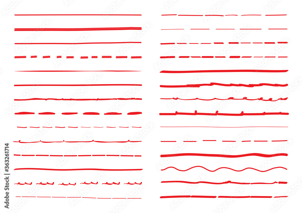 Red lines hand drawn vector set isolated on white background ...