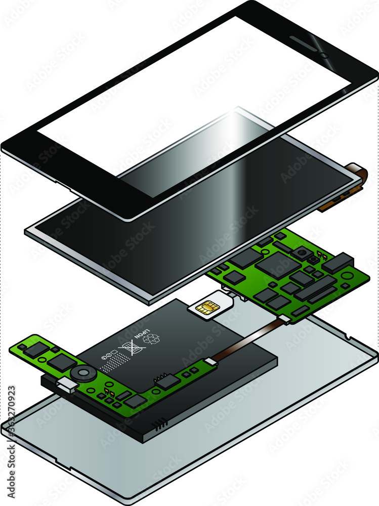 An exploded diagram showing the internal components of a smart phone ...