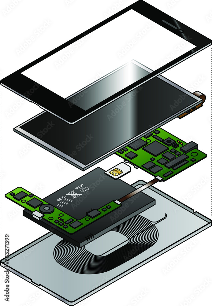 An exploded diagram showing the internal components of a smart phone ...