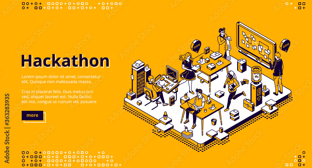 Hackathon isometric landing page. Team of computer programmers, project ...