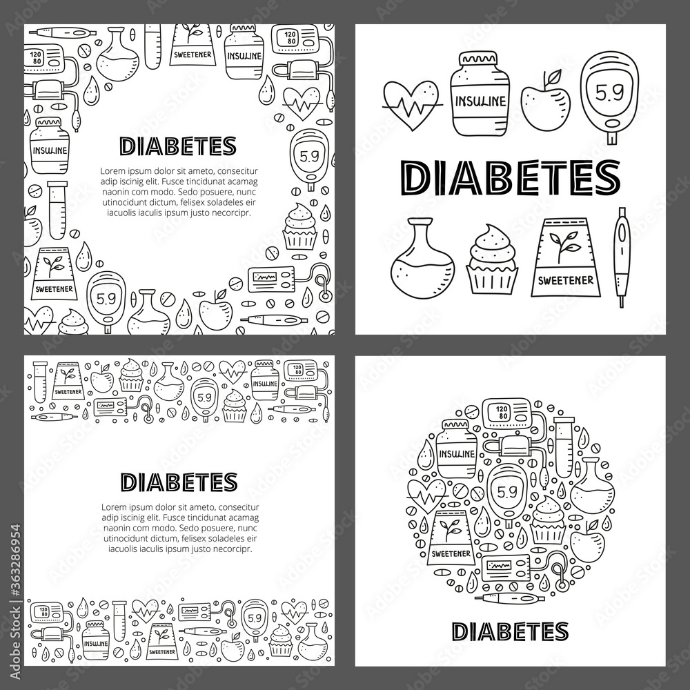 Set of cards with doodle outline diabetes items, including insulin pen ...