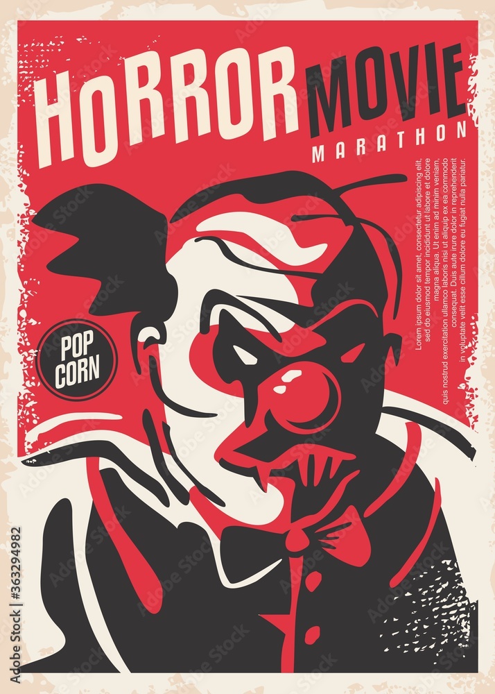 Horror design made for movie event. Cinema poster with red bloody clown ...