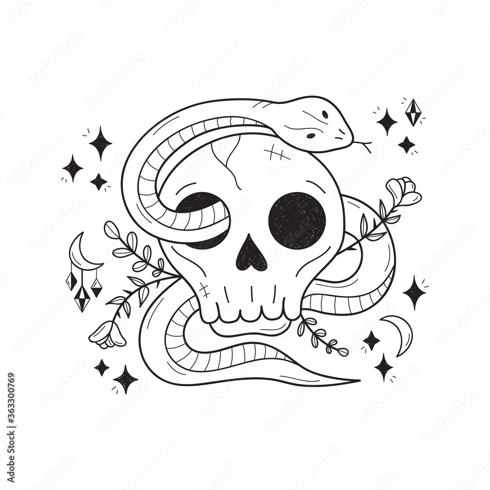 Magic skull with snake vector hand drawn illustration. Cool, magical ...