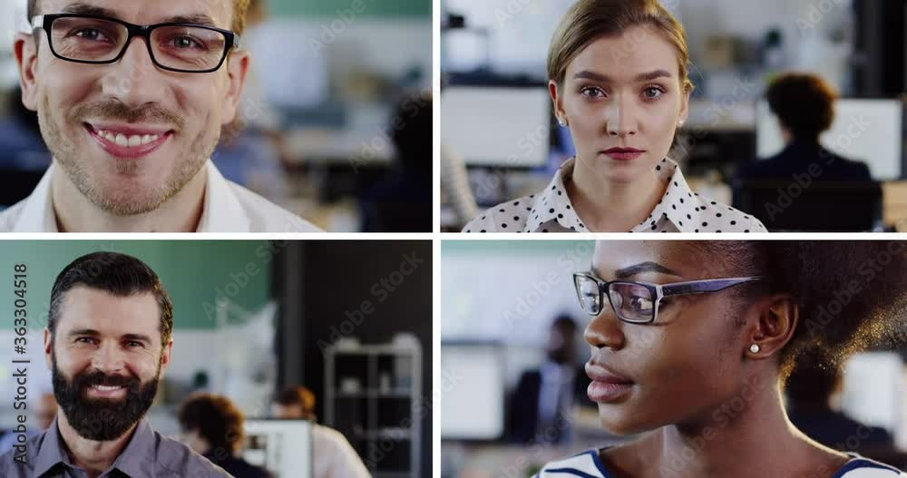 Collage of diverse office workers of different races smiling to camera ...