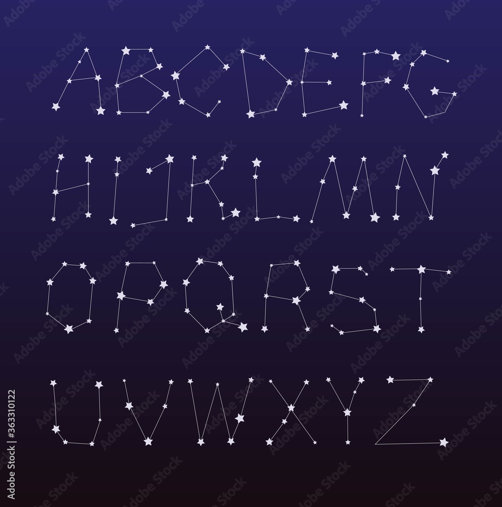 Set of alphabet letters like starry constellations. Vector illustration ...
