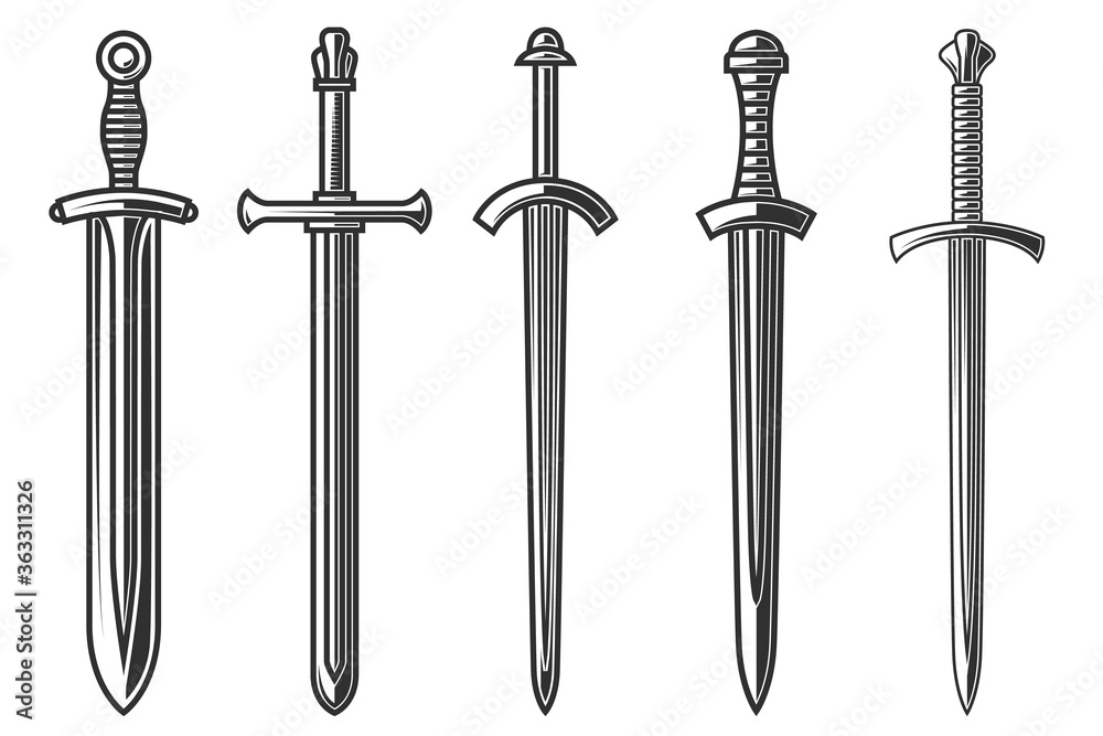 Set of illustrations of ancient swords in engraving style. Design ...