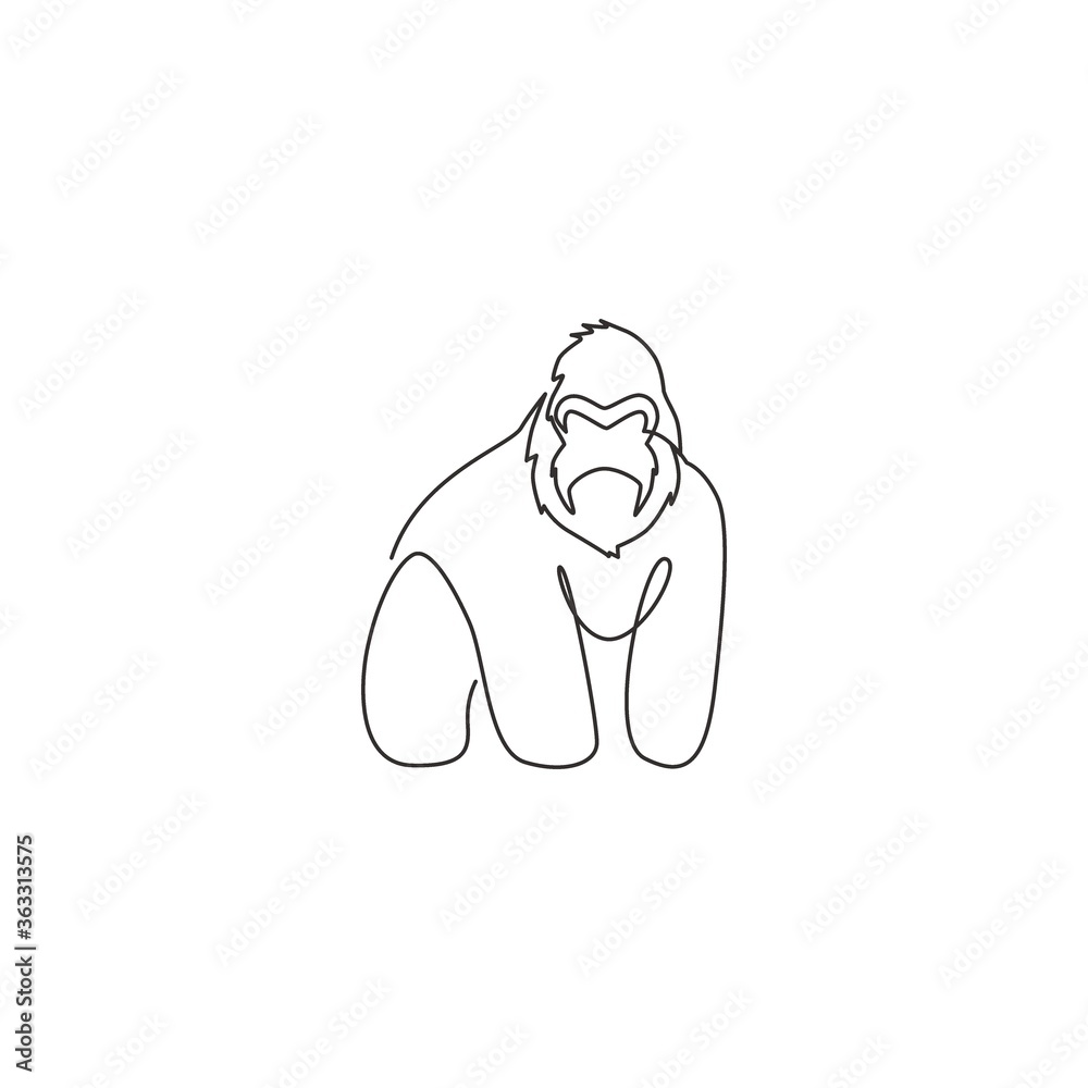 One continuous line drawing of gorilla for national park logo identity ...