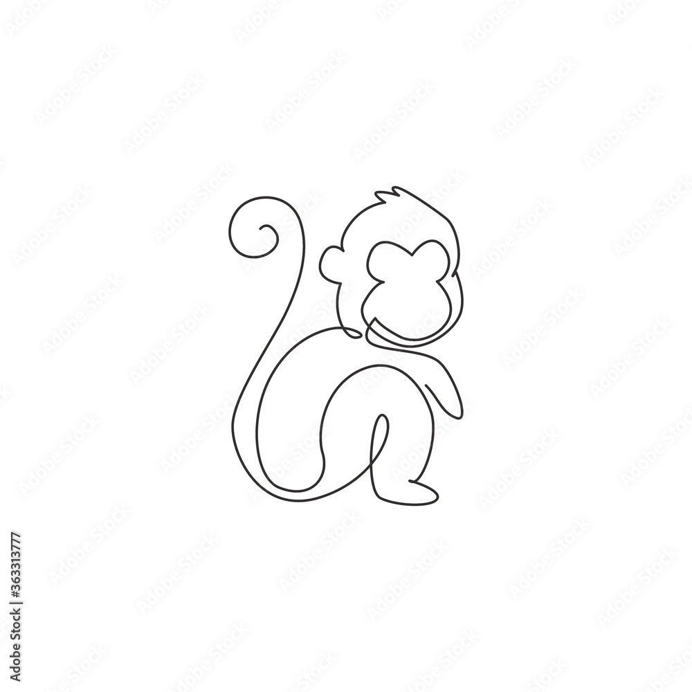 One continuous line drawing of cute sitting monkey for conservation ...