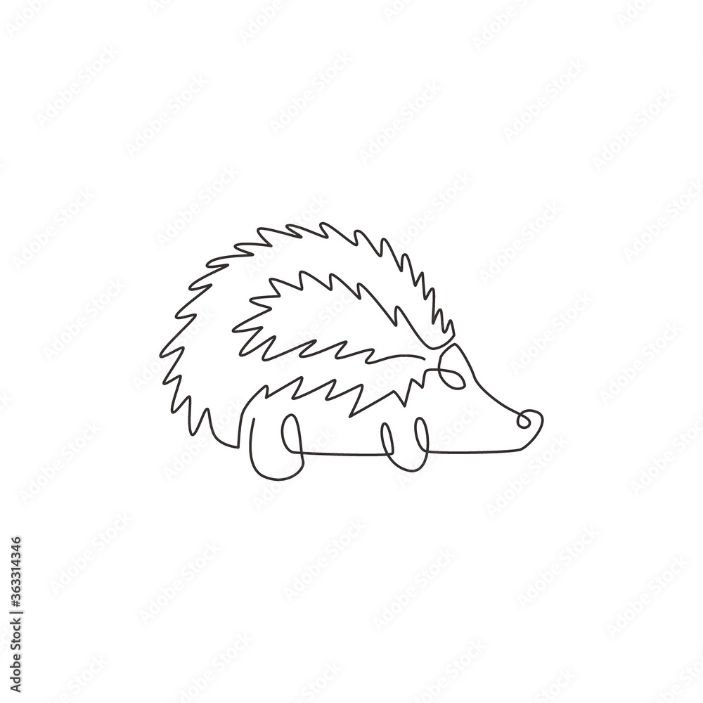 One single line drawing of adorable beauty tiny hedgehog for logo ...