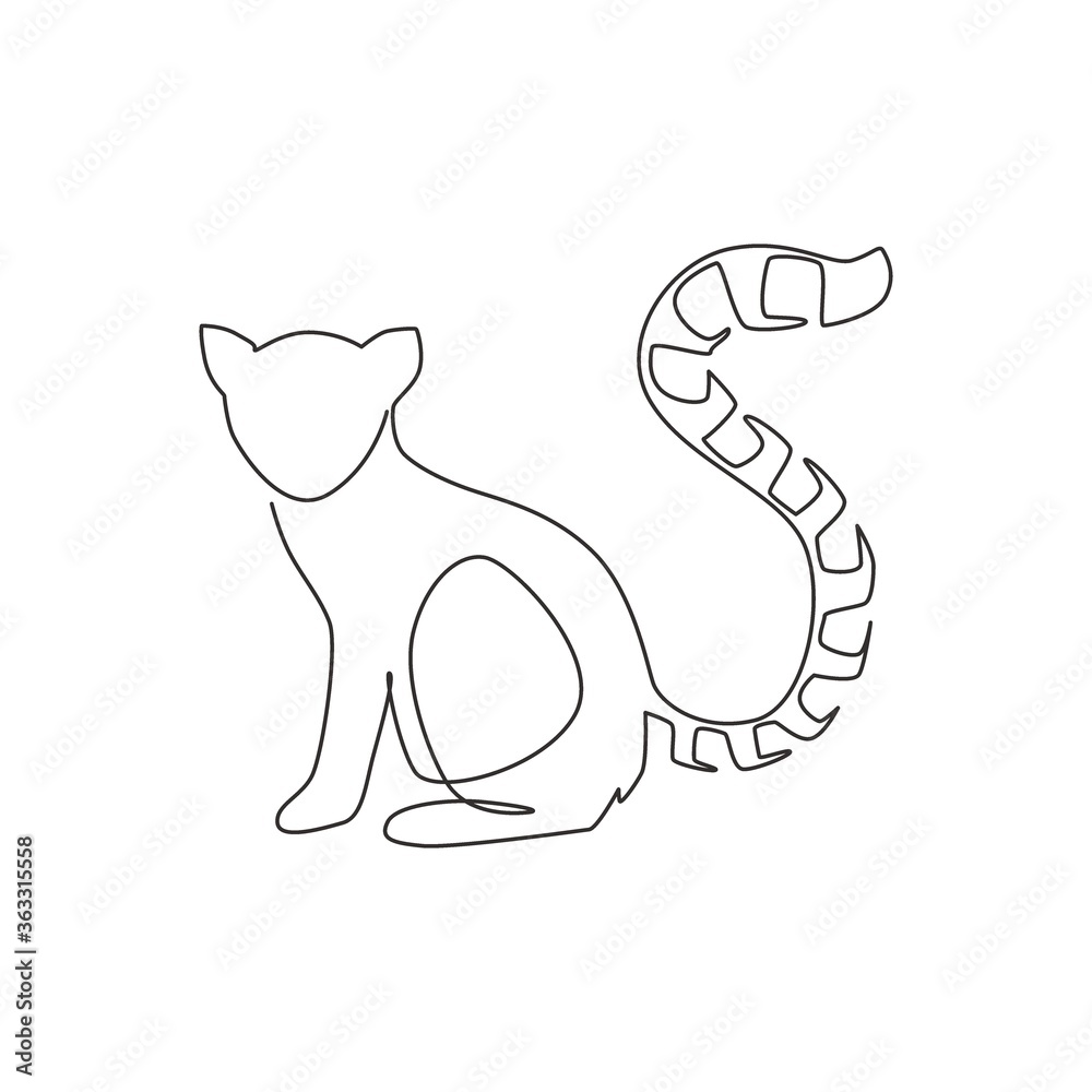 One continuous line drawing of cute lemur with long ring tailed for ...