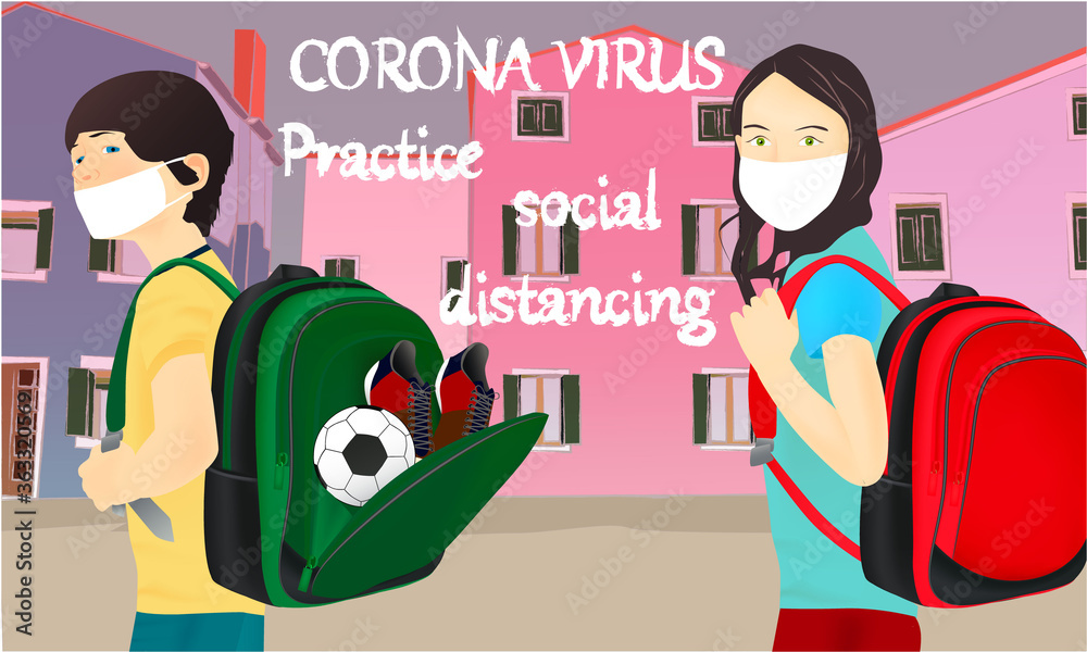 Please wear a face mask banner with schoolgirl and schoolboy, text ...