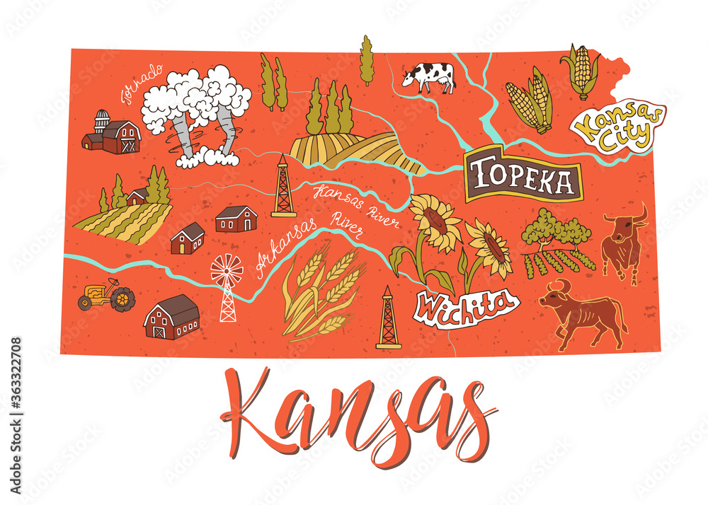 Illustrated map of Kansas, USA. Travel and attractions. Souvenir print ...