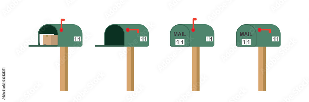 Set of open and closed mailboxes. Classic american metal postbox with ...