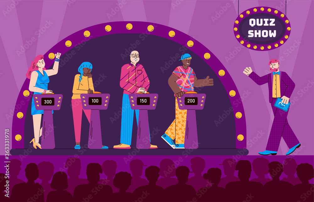 Shooting a quiz TV show with host of the program and guests cartoon ...