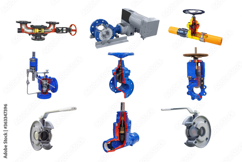 nine modern shut-off valves with automatic and manual control for a gas ...
