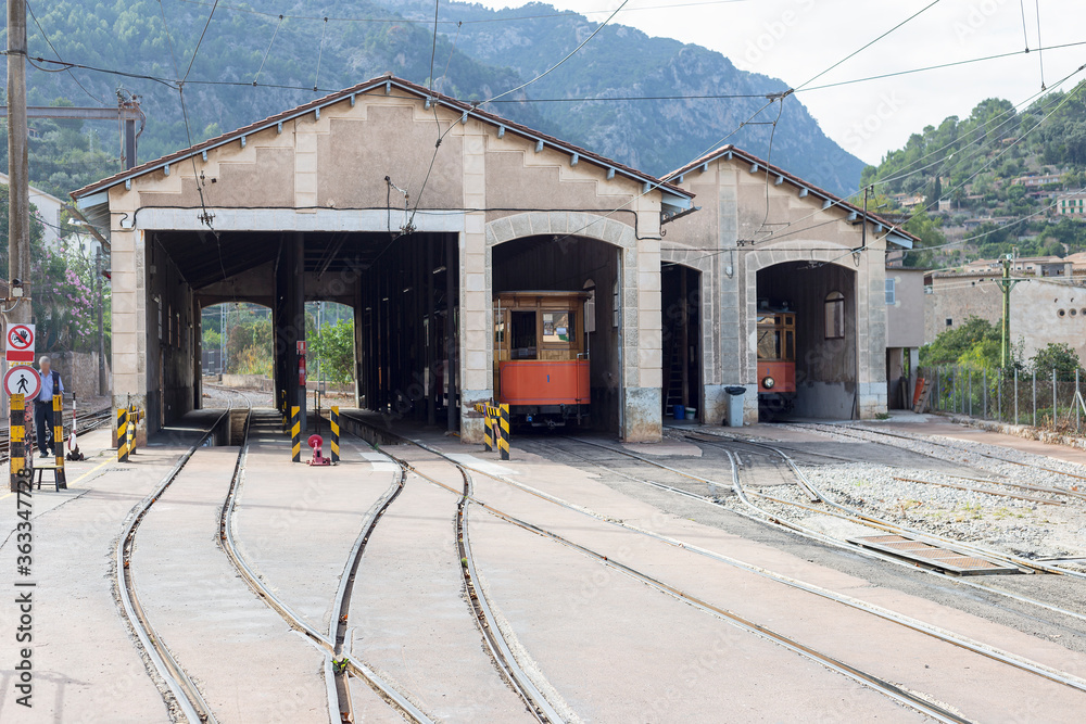 Old trains in a historic train depot near the Spanish city of Palma de ...