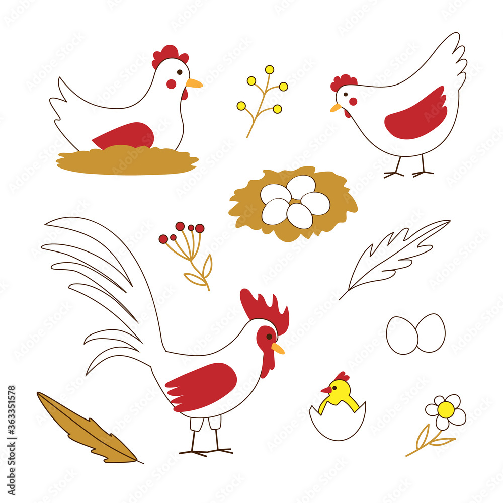 Cute vector set of illustrations with farm birds in folk flat style ...