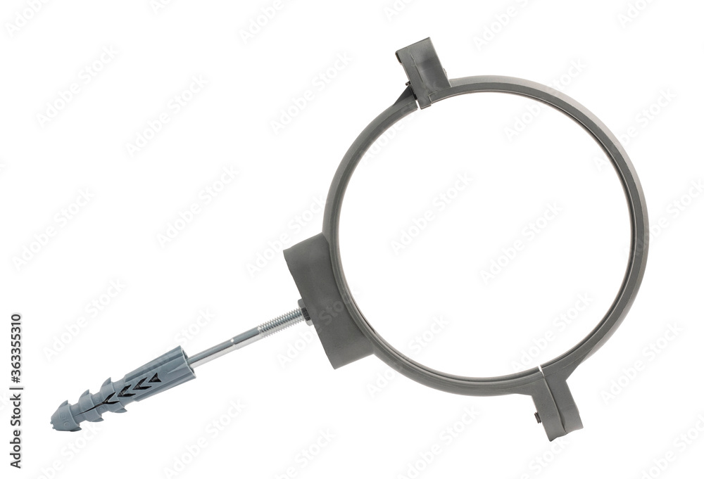 Plastic pipe clamp with a wall plug. Isolated on white background ...