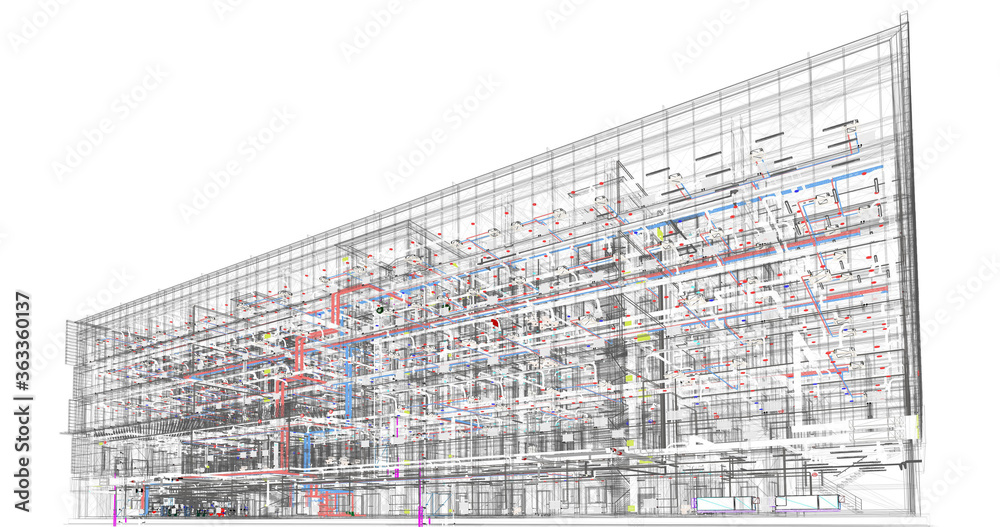 BIM model of an office building in wireframe view Stock Illustration ...