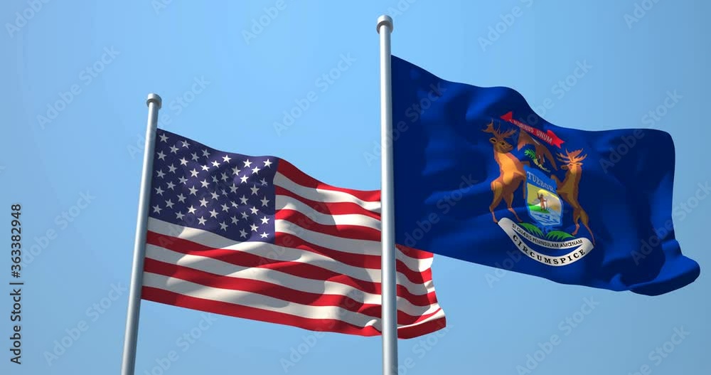 Michigan flag and the USA on a flagpole realistic wave on wind not ...