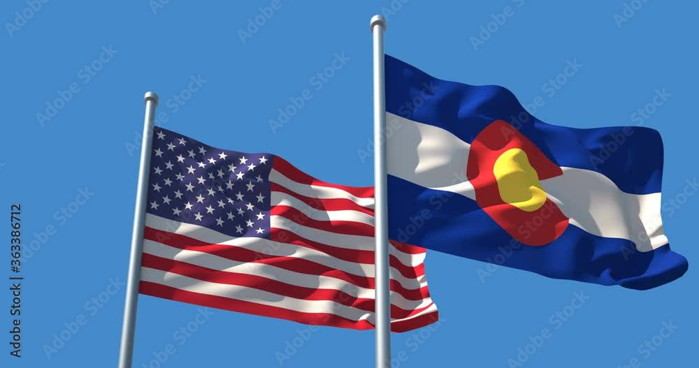 Flags of Colorado and the USA on a flagpole realistic wave on wind not ...