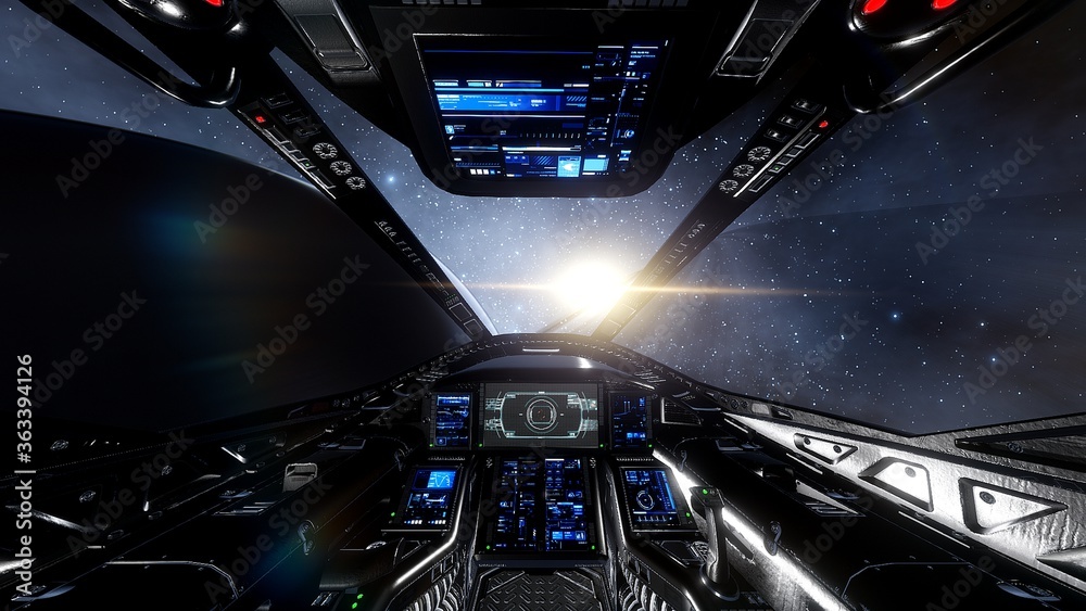 Stockillustratie view from the cockpit of a spaceship, cockpit ...