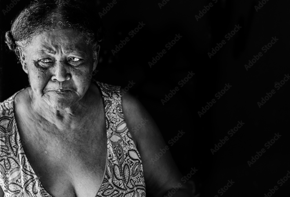 mator lady looking homeless indigenous, smoked with sad face and blue ...
