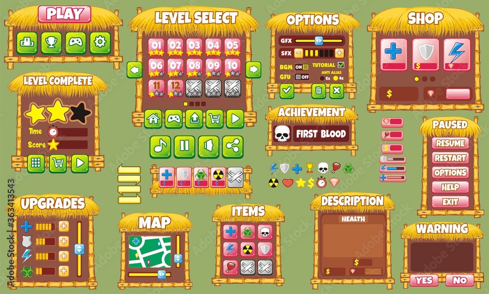 Game User Interface Design, Illustration of a funny graphic gui ...