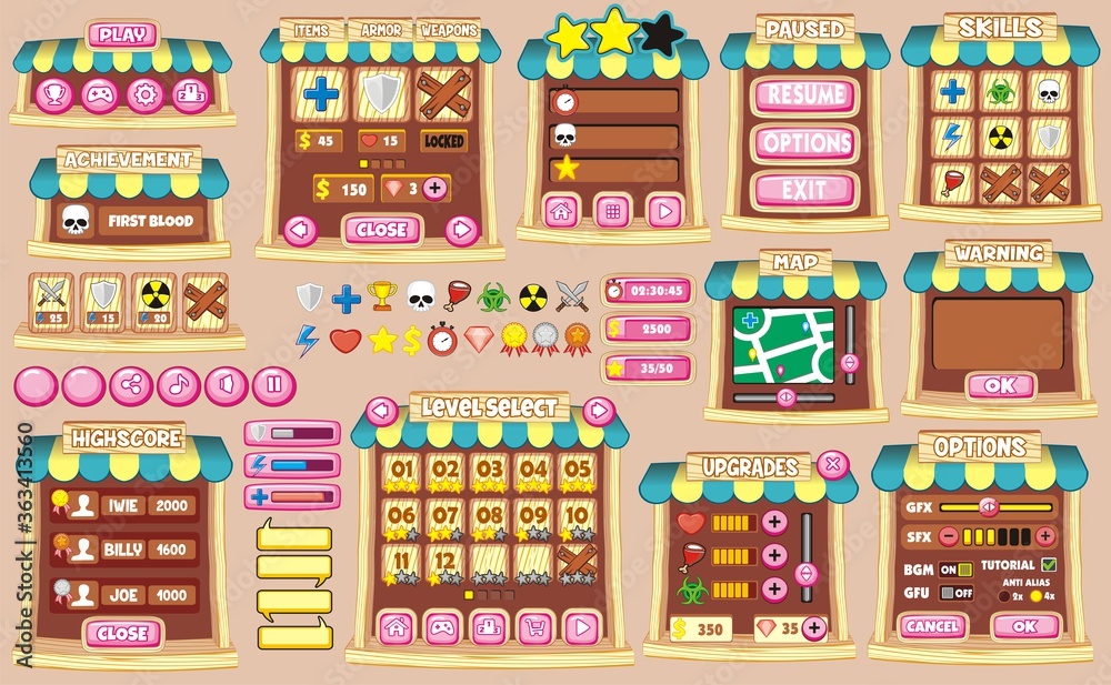 store Game User Interface Design, Illustration of a funny graphic gui ...