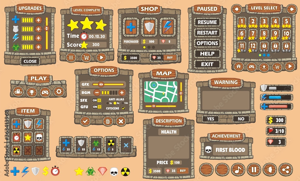 Game User Interface Design, Illustration of a funny graphic gui background, in cartoon style ...