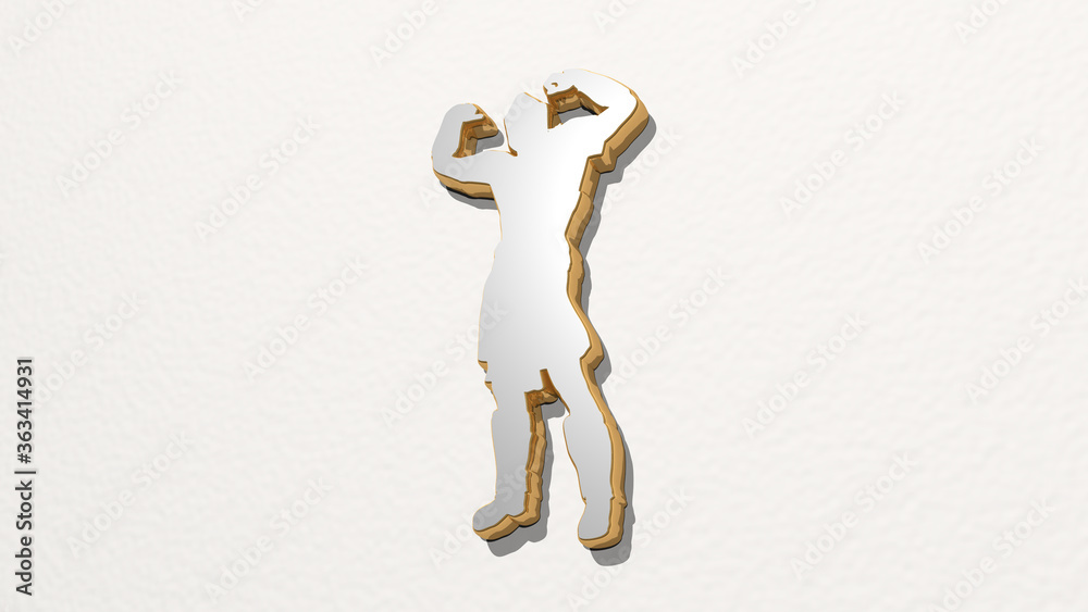 strong man on the wall. 3D illustration of metallic sculpture over a ...