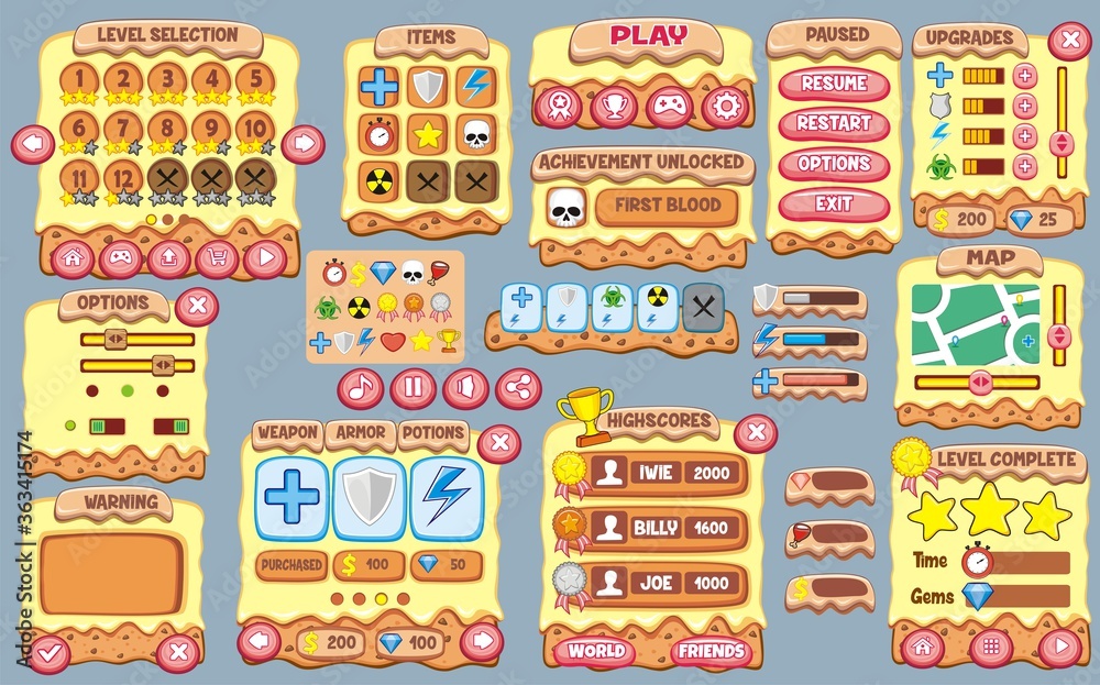 Game User Interface Design, Illustration of a funny graphic gui background, in cartoon style ...
