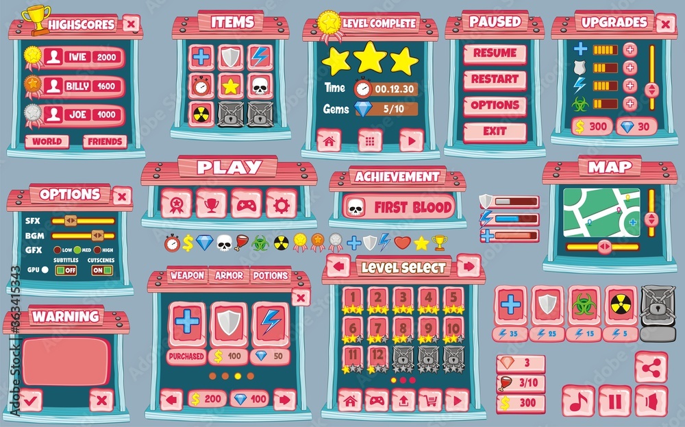 Game User Interface Design, Illustration of a funny graphic gui ...
