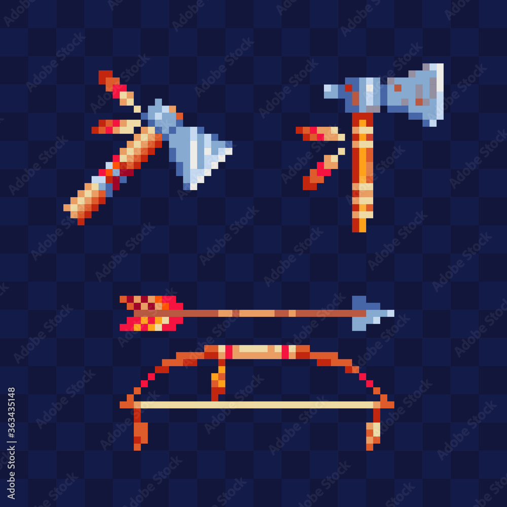 Native American indian weapon tomahawk bow and arrow pixel art style ...