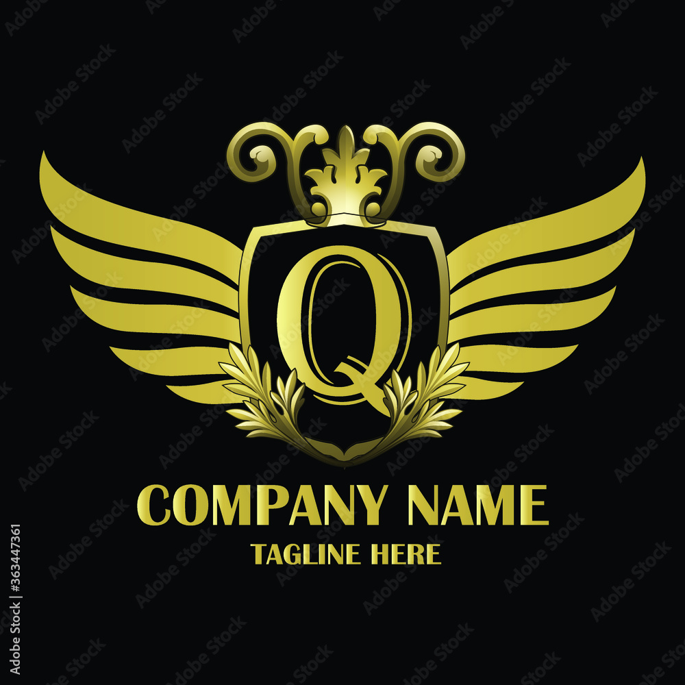 Luxury wing Initial Letter Q Gold color with Shield. Vintage monogram ...