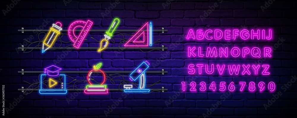 Set of neon icons for school greeting card design template neon vector ...