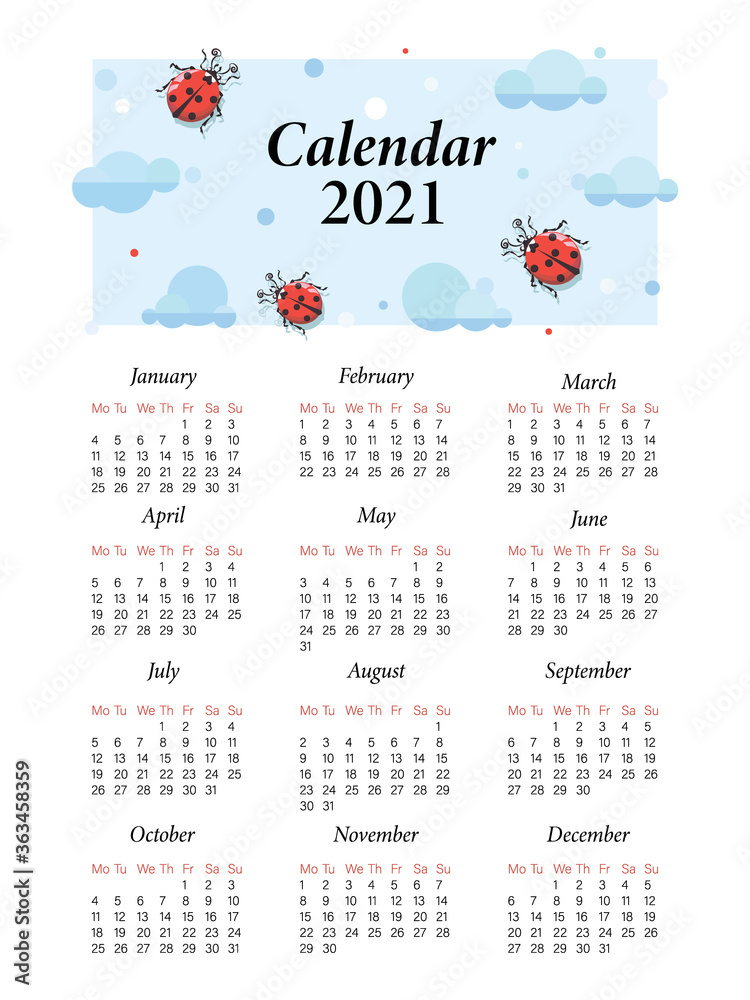 Ladybird calendar. Template 2021. Vector cartoon character for ...