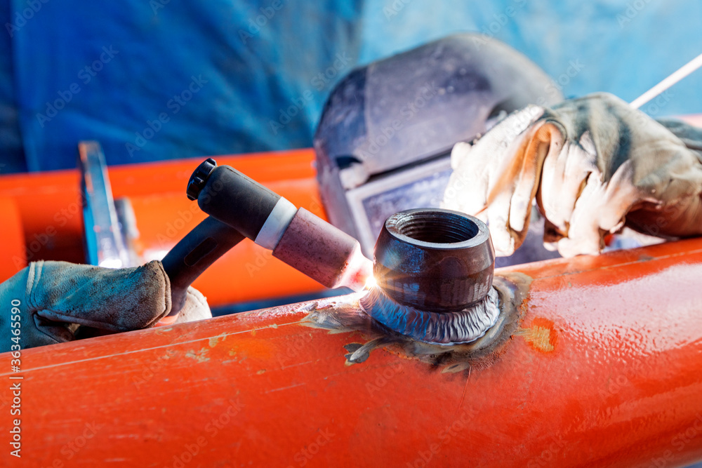 The Weldolet Welding To The Pipe With GTAW Tig Or Argon Process Stock The Weldolet Welding To The Pipe With GTAW Tig Or Argon Process Stock